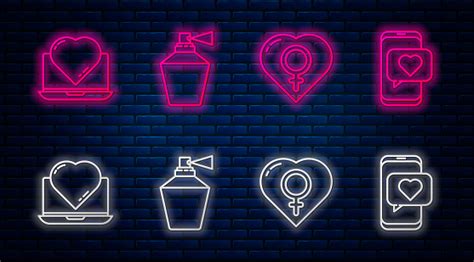 세트 라인 향수 마음에 여성 성별 온라인 데이트 응용 프로그램과 채팅 및 온라인 데이트 응용 프로그램과 채팅 벽돌 벽에 빛나는 네온 아이콘 벡터 0명에 대한 스톡 벡터 아트