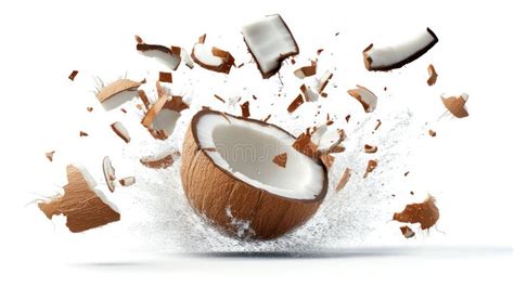 A Coconut Shell Shatters Into Pieces In A Dynamic Explosion Stock