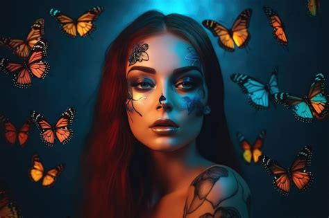 Premium Ai Image Sensual Woman With Body Art And Colored Butterflies