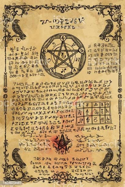 디지털 일러스트 손으로 그렸습니다 마법 주문 위카 및 신비한 상징이있는 요술 오래된 책 마법 주문에 대한 스톡 벡터 아트 및