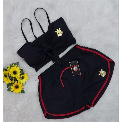 Conjunto Time Corinthians Cropped Short Modinha Feminina Shopee Brasil