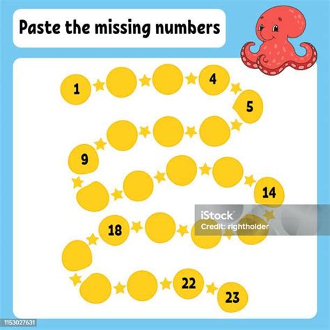 누락 된 번호를 붙여넣습니다 필기 연습 어린이를 위한 학습 번호 교육 워크시트 개발 활동 페이지 아이 들을 위한 게임 귀여운 만화 스타일에서 고립 된 벡터 일러스트 레이 션