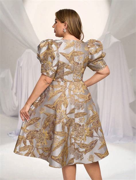 Shein Belle Plus Size Brocade Jacquard Satin Short Princess Sleeve Ball