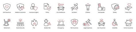 생명 보험 의료 보험 보험 대리인 정책 자동차 지원 사고 어린이 지진 안전 여행 관리 퇴직 사회 보장 화재 건축업자 위험 비상 사태 벡터 아이콘 0명에 대한 스톡 벡터 아트