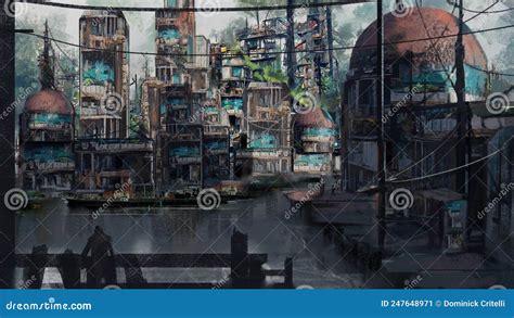 Digital Painting Of An Abstract Sci Fi Fishing Village Concept Art For