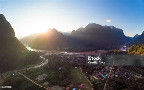 Aerial Panoramic Nam Ou River Nong Khiaw Muang Ngoi Laos Sunset