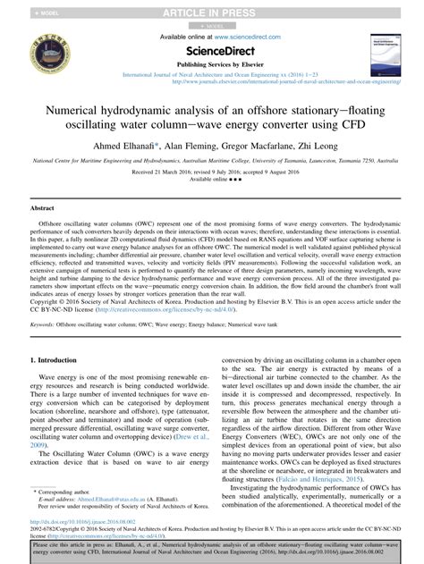 PDF Numerical Hydrodynamic Analysis Of An Offshore Stationaryfloating Oscillating Water