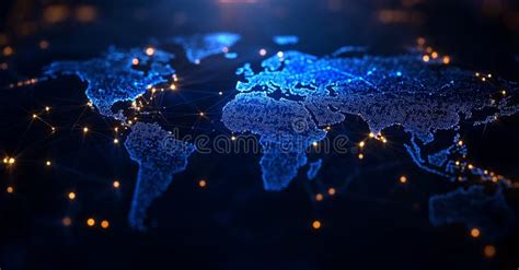 Digital World Map With Glowing Connections And Dots Representing