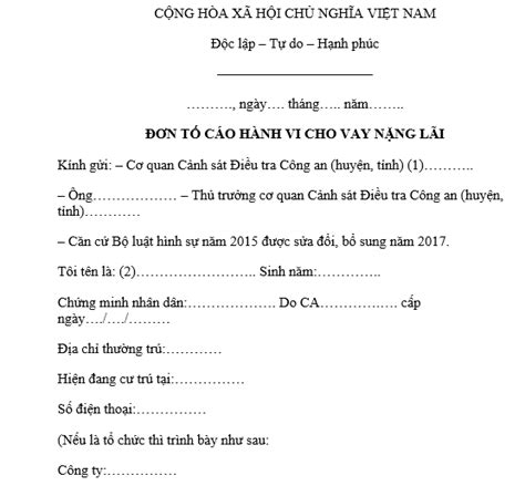 Mẫu đơn tố giác cho vay nặng lãi mới nhất 2024 Tài sản thu được từ tội