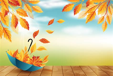 Fond Dautomne Avec Parapluie Feuilles Dautomne Volantes Et Ciel Bleu