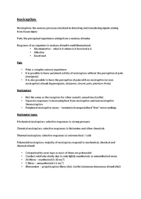 Nociception Lecture Notes Nociception Nociception The Sensory