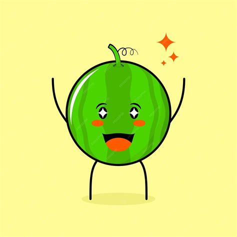 행복한 표정 두 손을 위로 입을 벌리고 반짝이는 눈을 가진 귀여운 수박 캐릭터 프리미엄 벡터