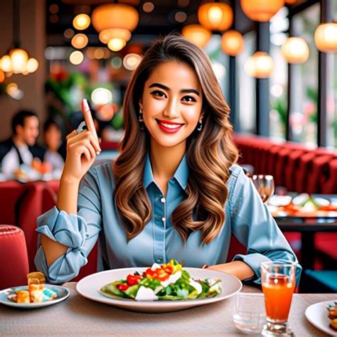 Pretty Young Lady Sitting In A Beautiful Restaurant Enjoying Lunch Or