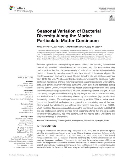 Pdf Seasonal Variation Of Bacterial Diversity Along The Marine Particulate Matter Continuum