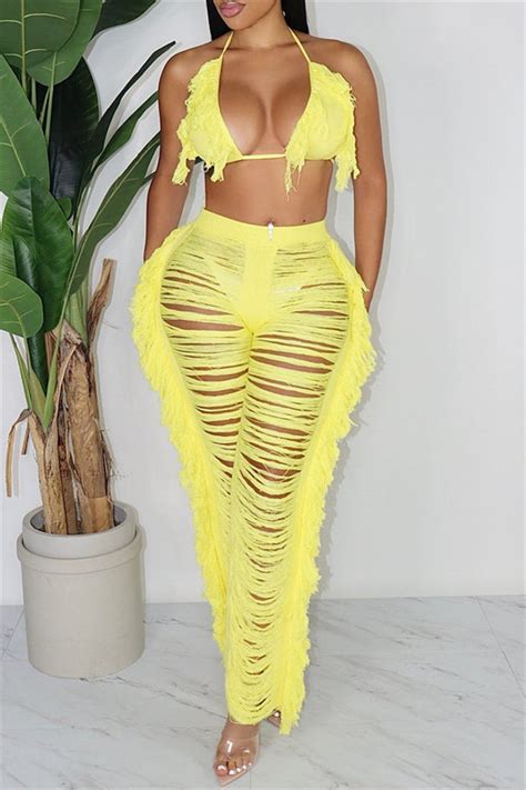 Wholesale Yellow Fashion Sexy Solid Bandage Patchwork Backless Halter