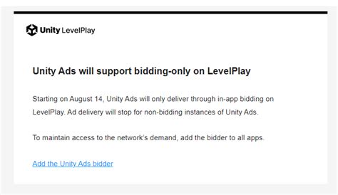 unity ads will support bidding only on levelplay unity services