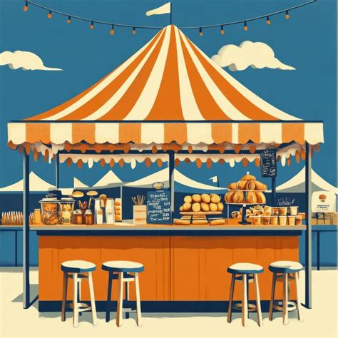 A Striped Tent Canopy Covers A Food Stand With A Counter Stools And A