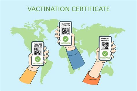 건강 여권의 Qr 코드가 있는 스마트폰을 들고 있는 손 코비드19 면역 여권 또는 디지털 그린 패스 백신 증명서 글로벌 문제 프리미엄 벡터
