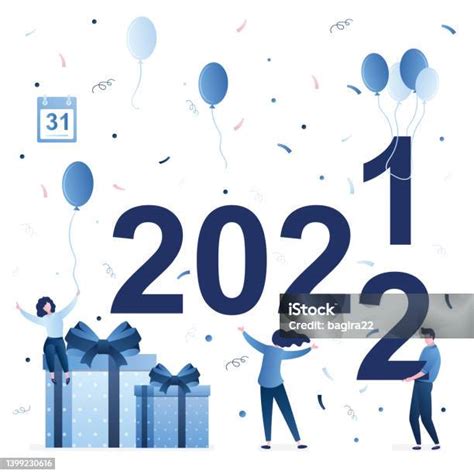 새로운 2022 년을 축하하는 사람들 재미있는 파티 작은 사람들은 숫자를 바꿉니다 선물 상자 풍선 및 색종이가있는 행복한 캐릭터 12월 31일 2021년에 대한 스톡 벡터