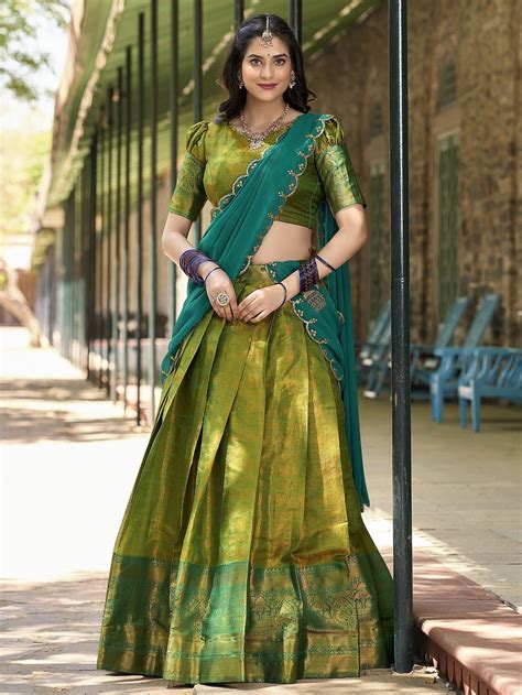 Buy Green Zari Woven Kanchipuram Silk Traditional Half Saree Lehenga