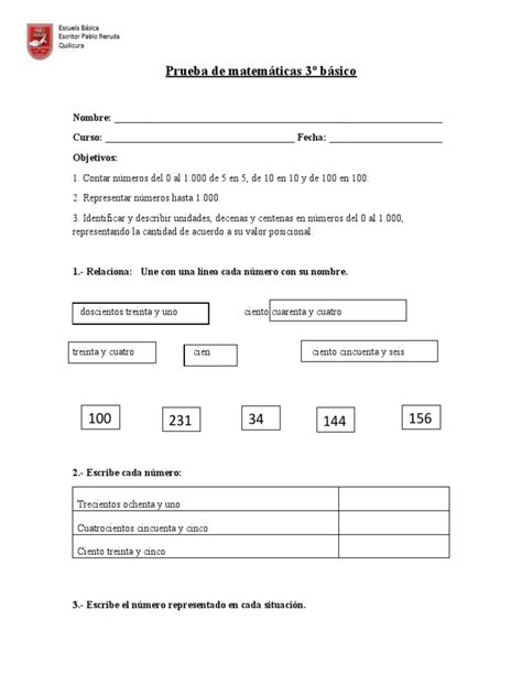 Prueba De Matemáticas 3º Básico Abril Pdf
