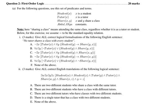 Solved Question First Order Logic Marks A For The Chegg