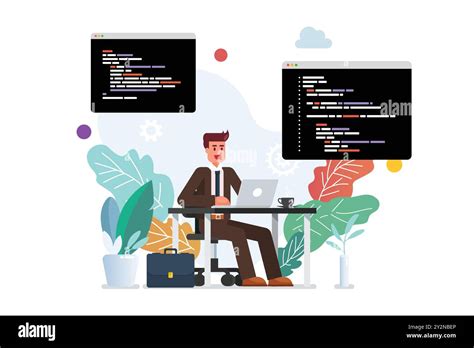 male programmer writing code on laptop vector illustration stock