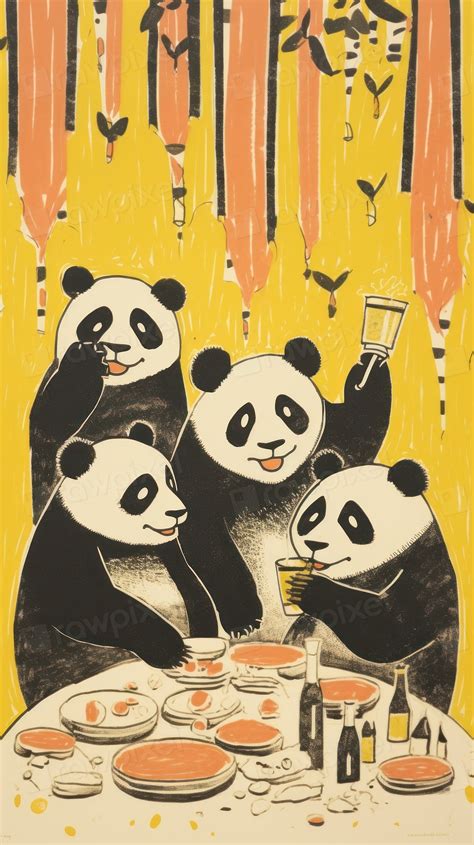 Pandas Having Party Drawing Mammal Free Photo Illustration Rawpixel