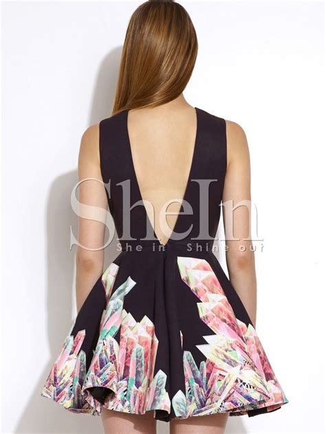 Black Sleeveless Floral Print Flare Dress Sheinsheinside Vestido