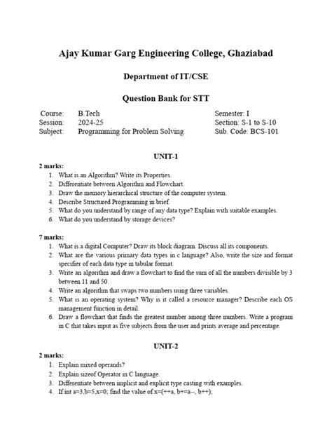 Qbank Bcs101 Stt Pdf C Programming Language Algorithms