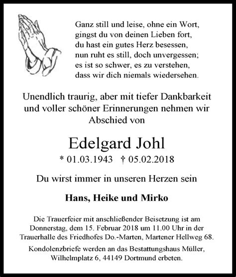 Traueranzeigen Von Edelgard Johl Trauer In Nrw De
