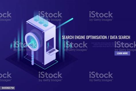 검색 엔진 최적화 및 데이터 검색의 개념입니다 돋보기로 서버 랙 3d Isometrick 스타일 등측투영법에 대한 스톡 벡터