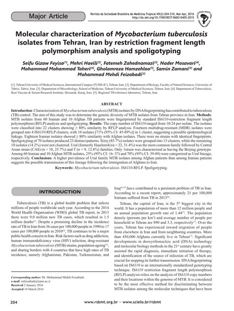 Pdf Molecular Characterization Of Mycobacterium Tuberculosis Isolates From Tehran Iran By
