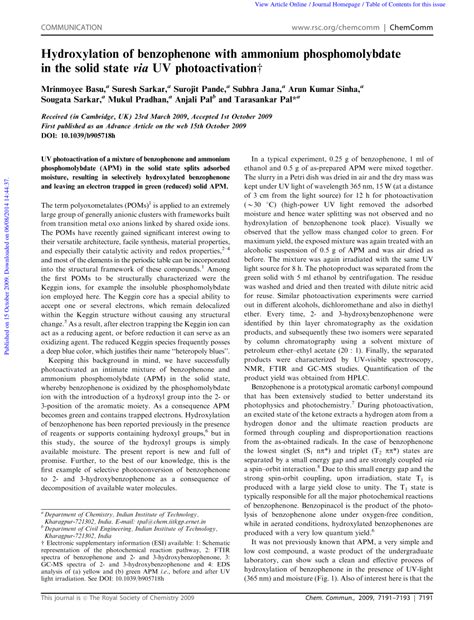 Pdf Hydroxylation Of Benzophenone With Ammonium Phosphomolybdate In The Solid State Via Uv