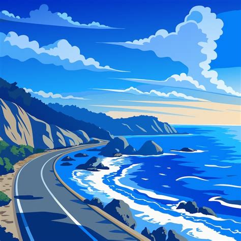 Una Pintura De Una Carretera Que Desciende Por El Océano Con Un Tren