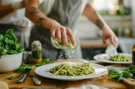 Young Happy Couple Is Enjoying And Preparing Pasta With Pesto In Their