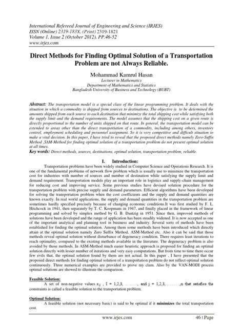 optimal solution for the transportation problem pdf mathematical
