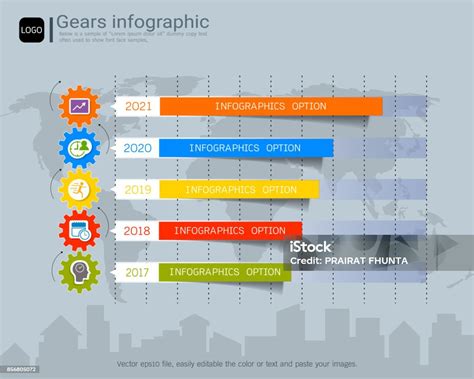 기어 Infographic 템플릿은 비즈니스 프레 젠 테이 션 전략적 계획 회사 값을 정의 하는 프로젝트 일정에 따라 특정