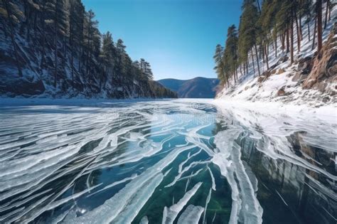 Frozen Lake Or River With Beautiful Ice With Cracks Surrounded By Snowy