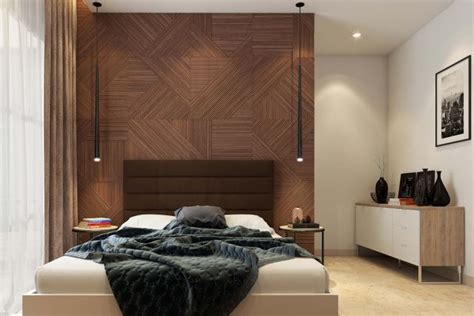 Zig Zag Bedroom Wall Design With Brown Panelling And Grooves Livspace