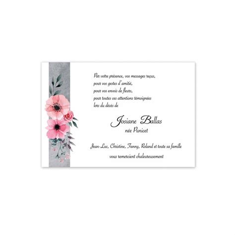 carte remerciements décès bandeau gris roses douces parfumées Jenna