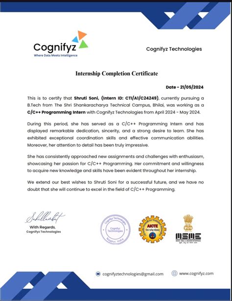 Shruti Soni On Linkedin Cognifyz Cognifyztech Internshipcompleted Cognifyztechnologies