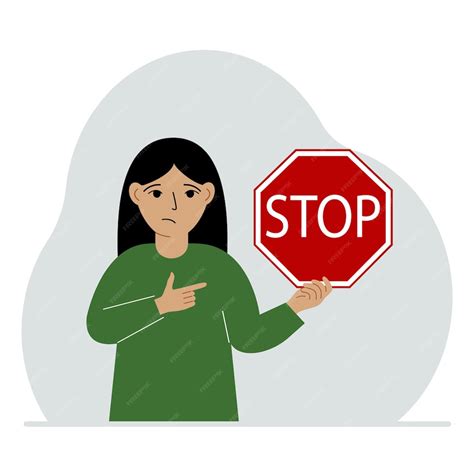 Niña Sosteniendo Una Señal De Stop Roja En La Mano Vector Premium