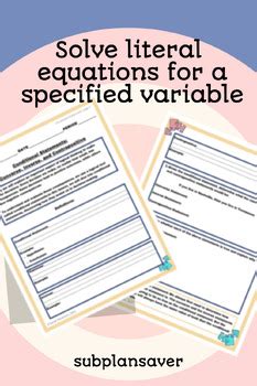Geometry Solve Literal Equations For A Specified Variable By SubPlanSaver