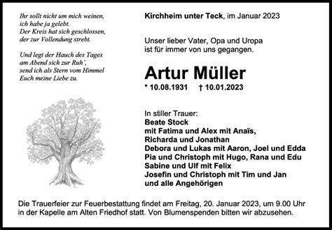 Trauer Artur Müller 14 01 2023 Teckbote Trauerportal
