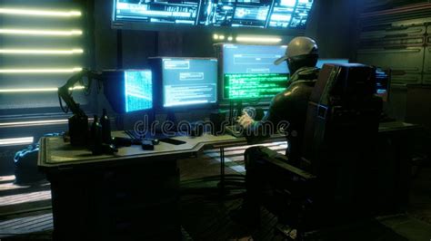 A Male Hacker Surrounded By Glowing Monitors Hacks Into Someone Else S Computer Network In A