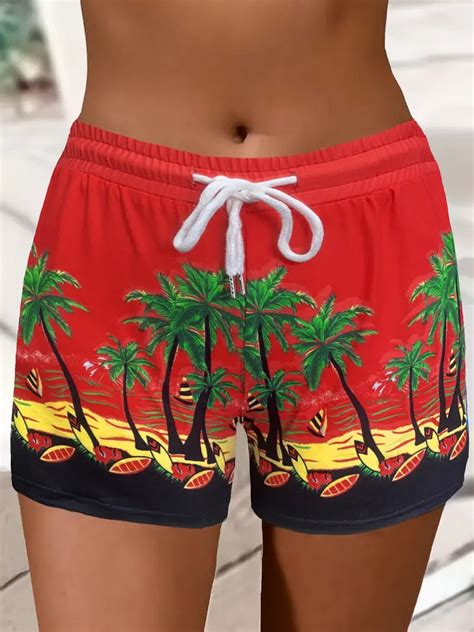 Coconut Tree Print Drawstring Shorts Casual Elastic Temu Australia