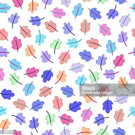 다채로운 나뭇잎이있는 벡터 이음새가 없는 패턴 귀여운 유치한 낙서 스타일 포장지 섬유 벽지에 이상적입니다 트렌디 한 인쇄를위한