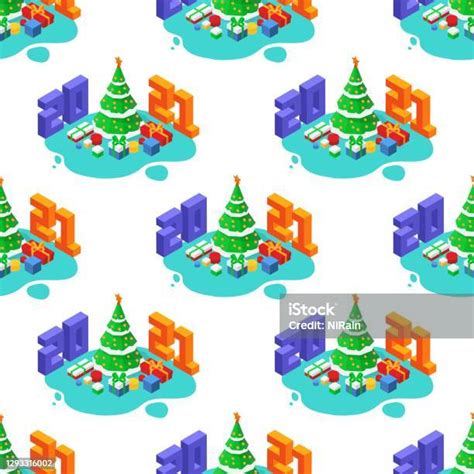 2021 년 새해 복 리 케이 미터 벡터 흰색 배경에 크리스마스 트리와 선물 상자와 원활한 패턴 2021 및 크리스마스 트리 3d 편도 및 평면 만화 스타일의 원활한 패턴