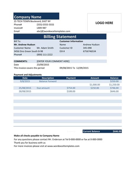 Free Printable Billing Statement Templates Excel Word PDF